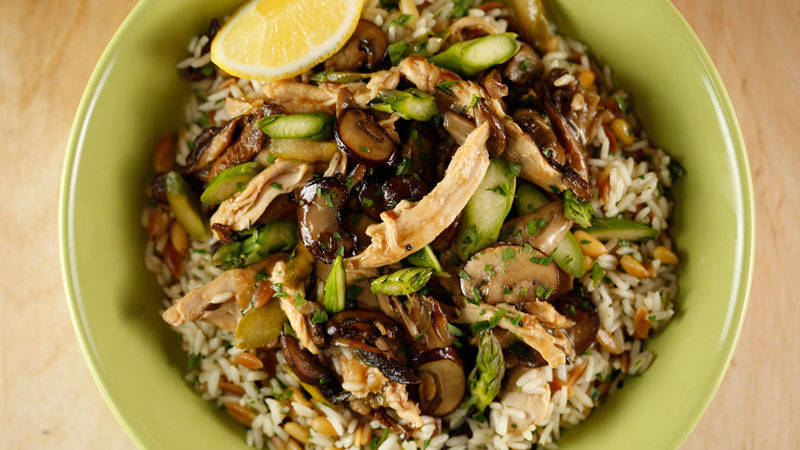 Mushroom, Asparagus, Chicken Sauté with Rice Pilaf - Rachael Ray's non ...